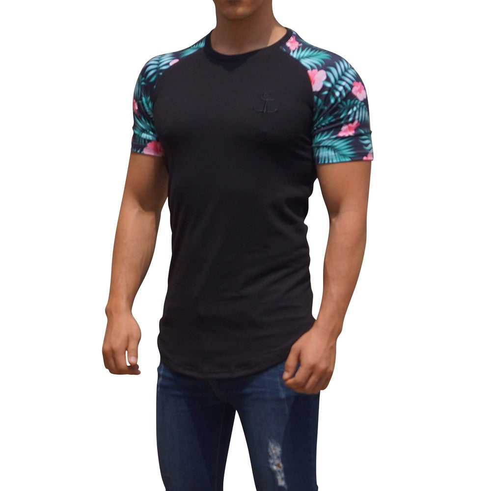 John Leopard - Playera Ranglan Negra Manga Corta Palmas