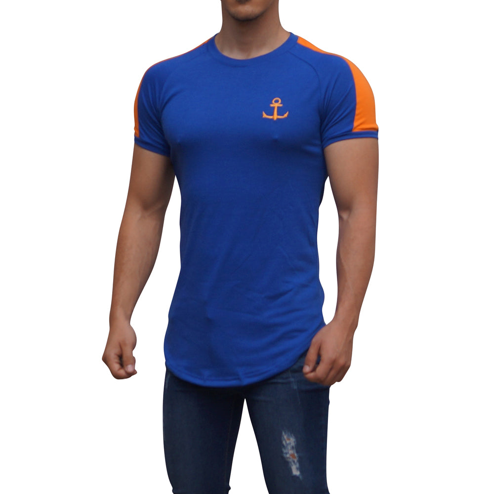 John Leopard - Playera Ranglan Azul Rey Manga Corta Franja Naranja