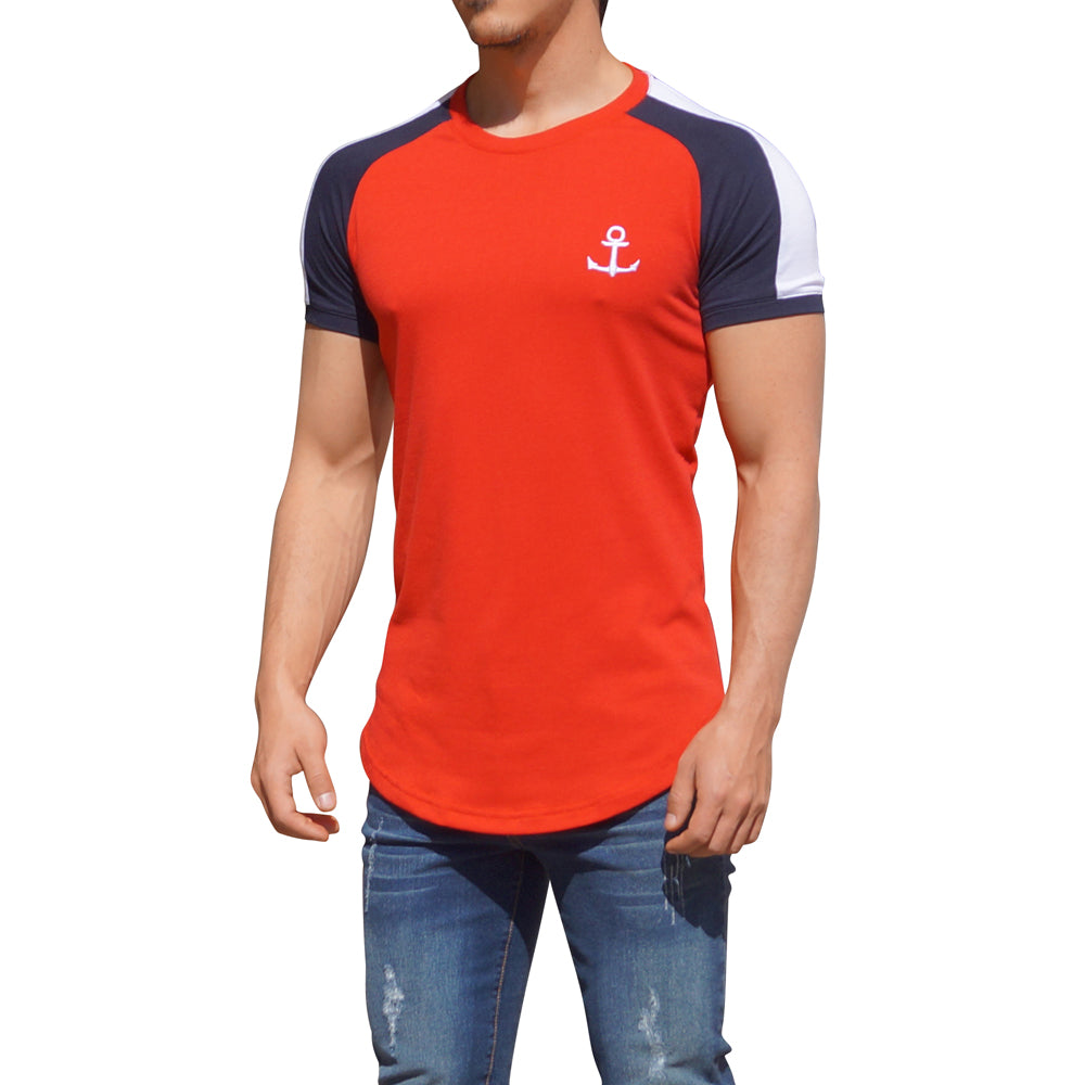 John Leopard - Playera Ranglan Roja Manga Corta Franja Blanca